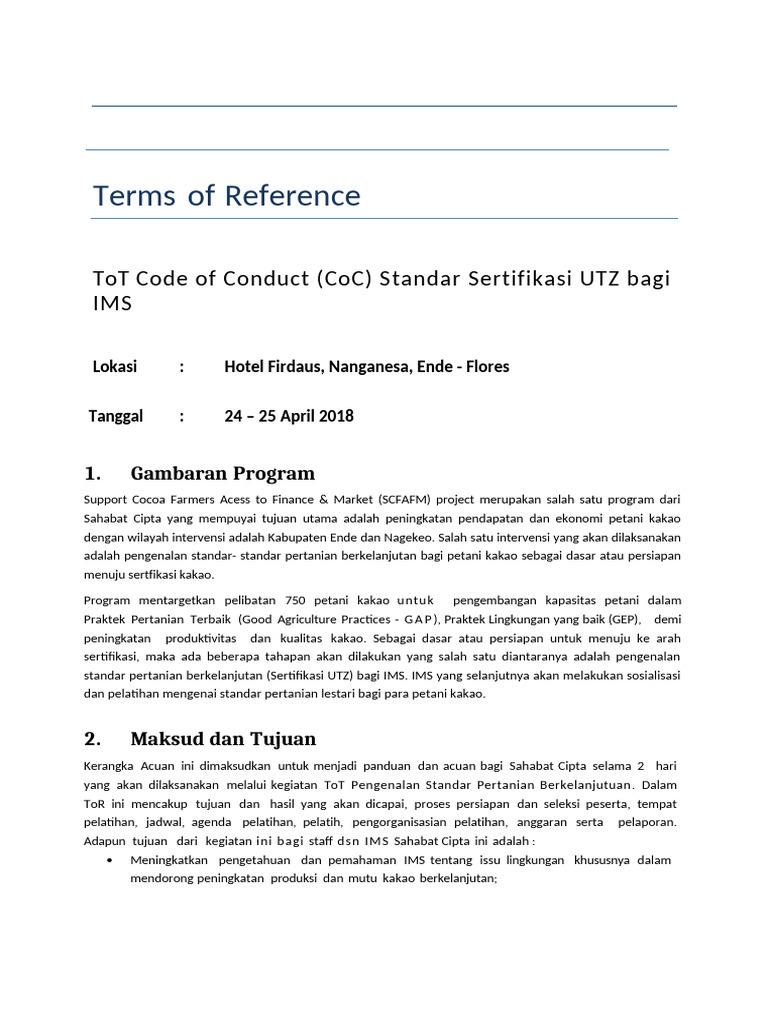 Terms of Reference: Tot Code of Conduct (Coc) Standar Sertifikasi Utz ...