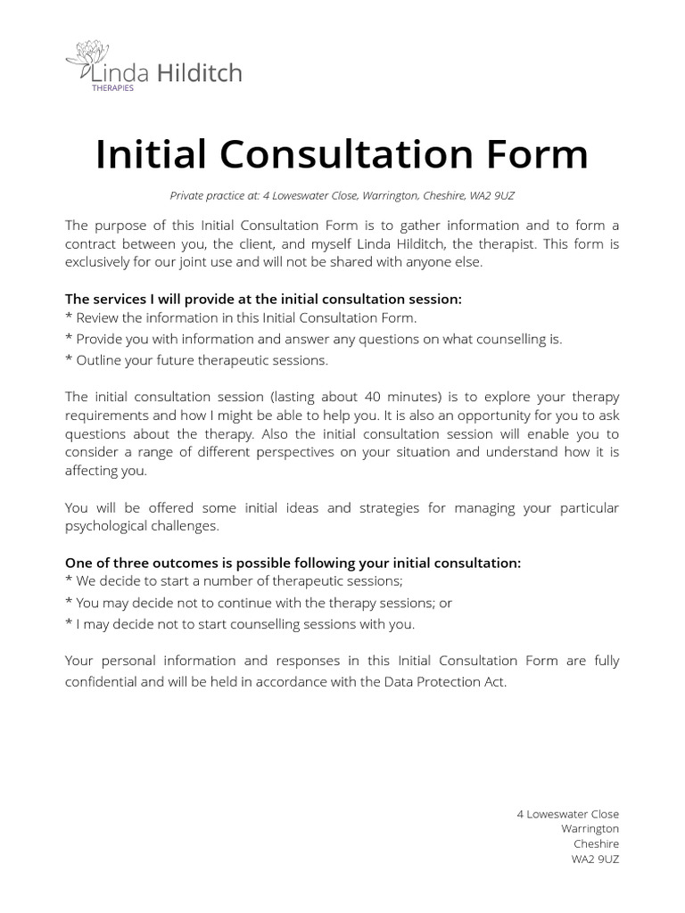 Initial Consultation Form | PDF | Confidentiality | Psychotherapy