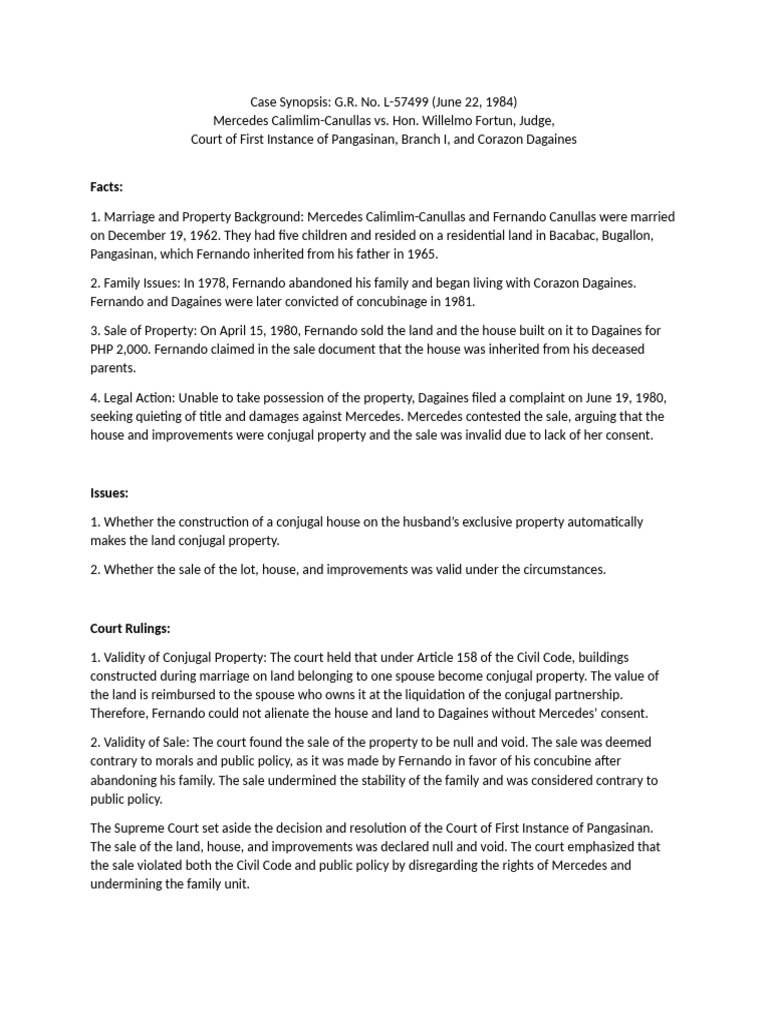 Case Synopsis Calimlim-Canullas vs. Fortun, 129 SCRA 675 | PDF