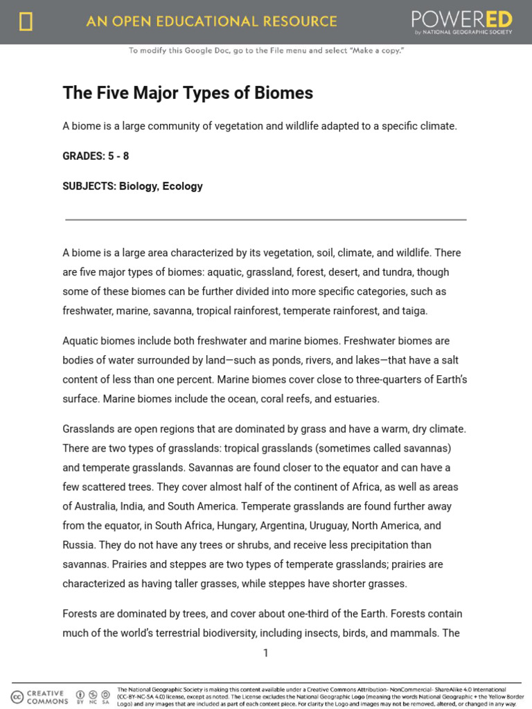 The Five Major Types of Biomes (Oer) | PDF