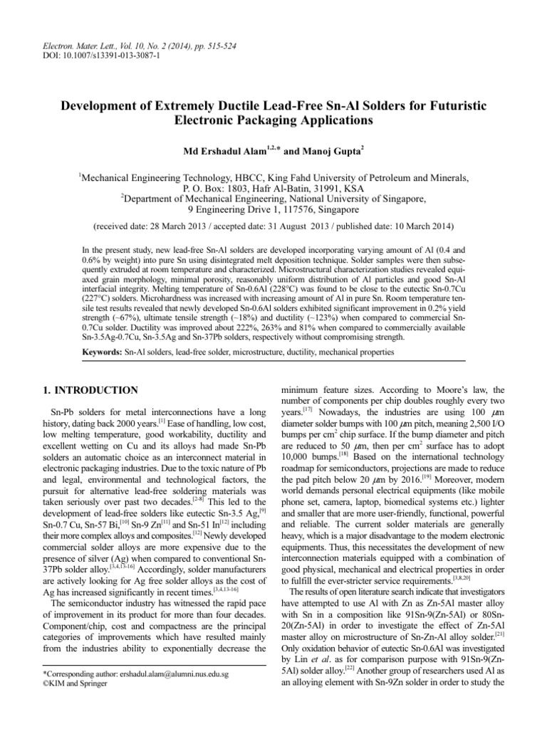 Development of Extremely Ductile Lead-Free Sn-Al Solders For Futuristic ...