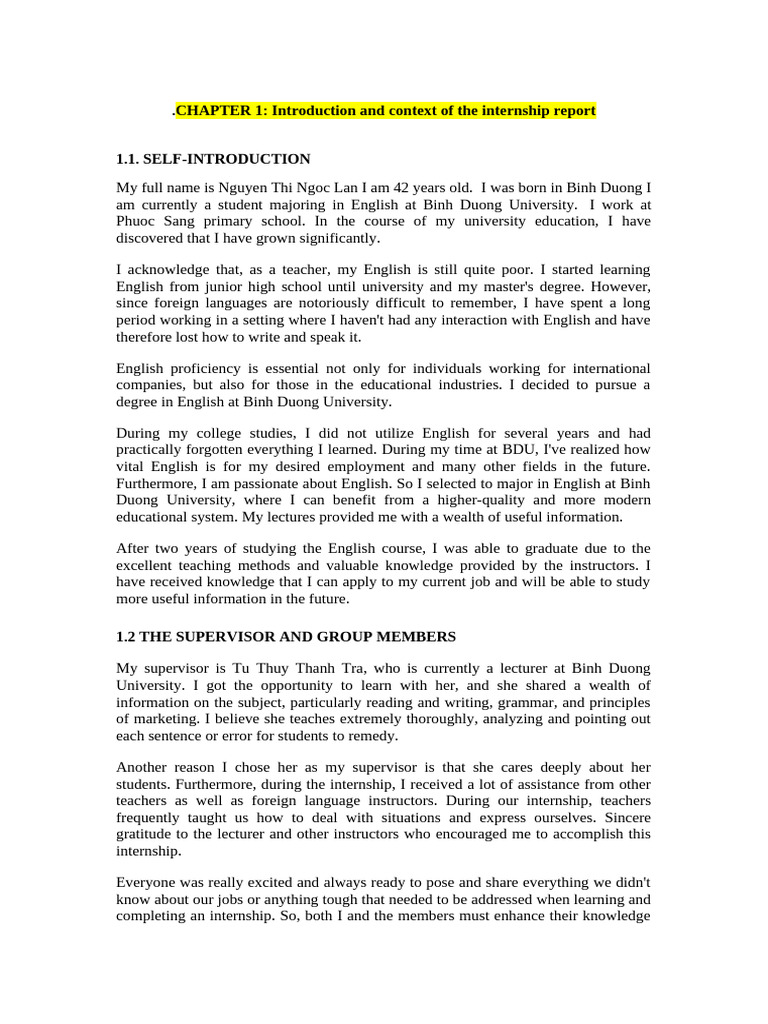.CHAPTER 1: Introduction and Context of The Internship Report 1.1. Self ...
