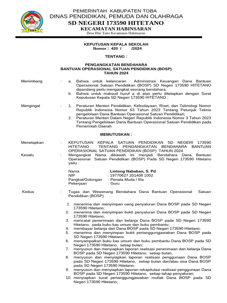 Contoh SK Bendahara | PDF