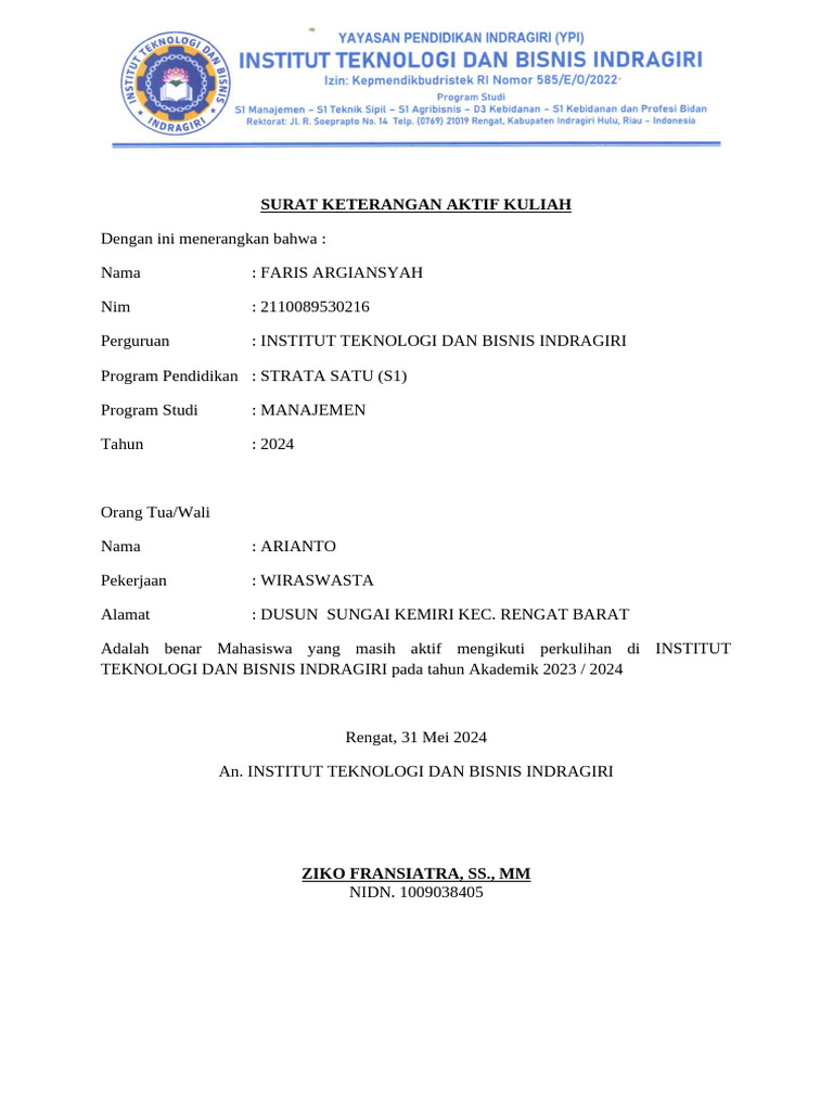 Surat Keterangan Aktif Kuliah Itb | PDF