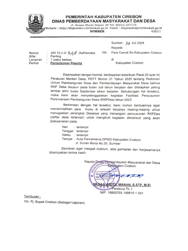 Surat Fasilitasi Penyusunan RKPDes | PDF