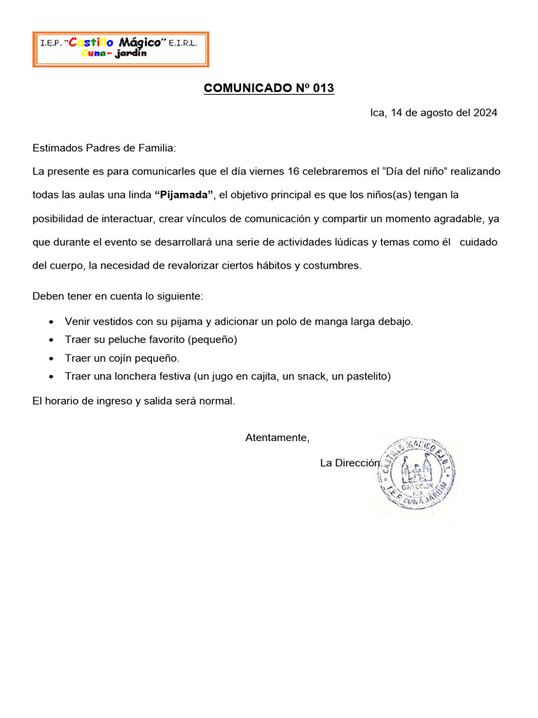 Comunicado #013 Pijamada Dia Del Niño | PDF