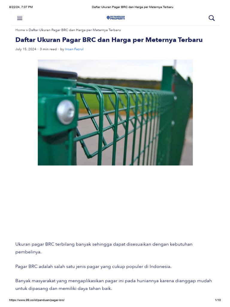 Daftar Ukuran Pagar BRC Dan Harga Per Meternya Terbaru | PDF