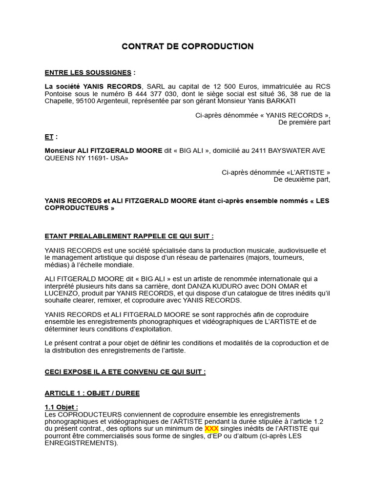 Contrat de coproduction YANIS RECORDS et BIG ALI | PDF | Droit privé ...