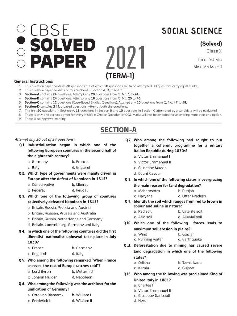CBSE Solved Paper 2021 Term 1 Social Science 10 | PDF