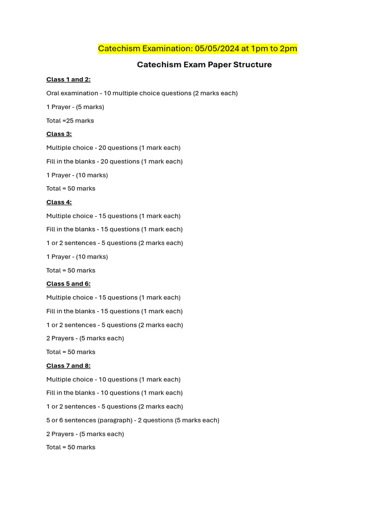 Catechism Exam Paper Structure 2024 | PDF