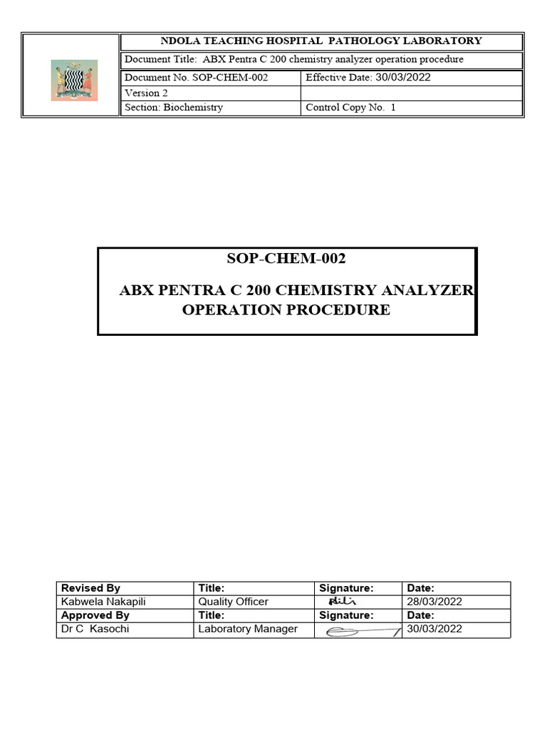 SOP-CHEM-002 - ABX Pentra C200 Chemistry Analyzer Operation Procedure ...