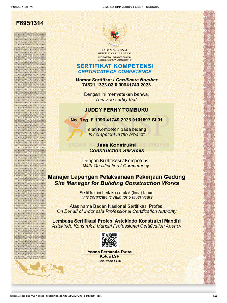 Sertifikat SKK Manajer Pelaksana Bangunan Gedung JUDDY FERNY TOMBUKU | PDF