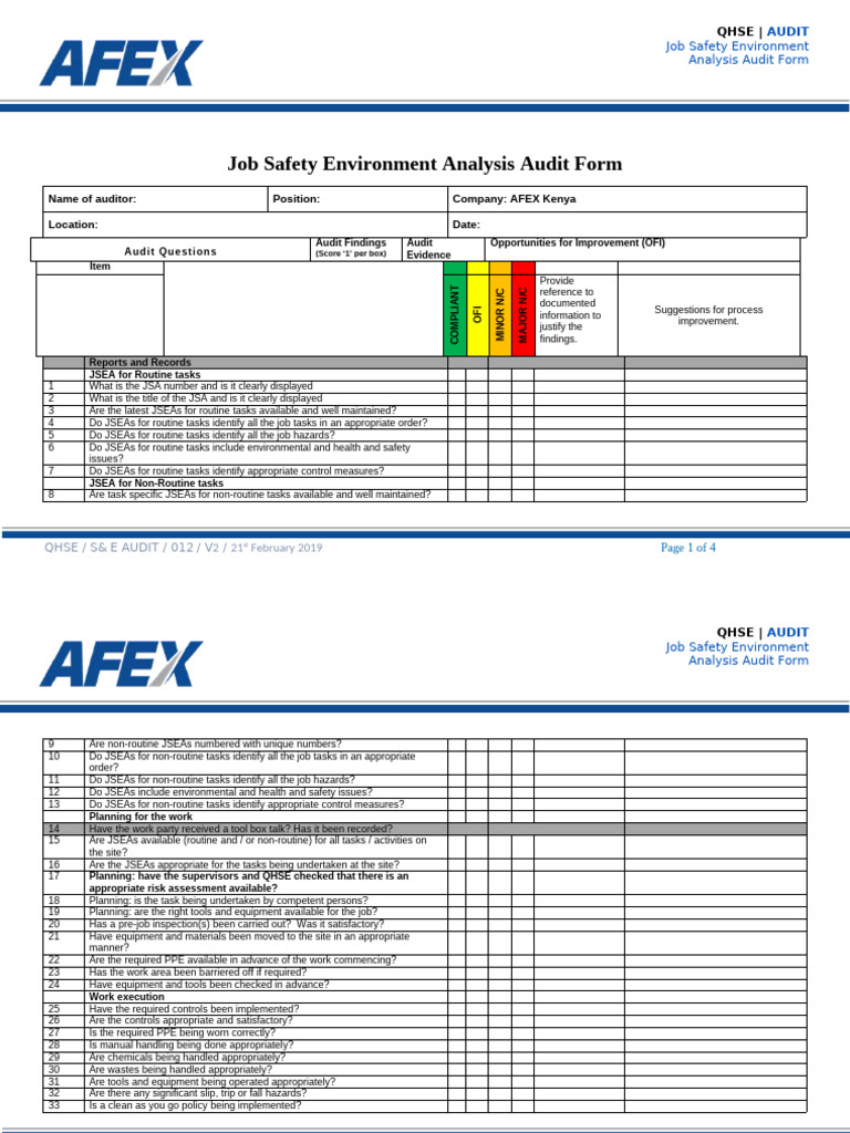 012 - Job Safety Environment Analysis - Audit - Form | PDF