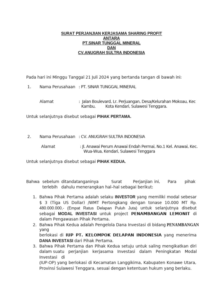 Surat Perjanjian Investasi Modal Pdf