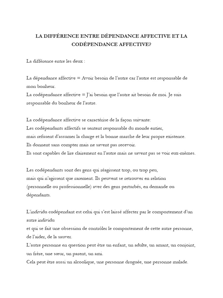 La Différence Entre Dépendance Affective Et La Codépendance Affective | PDF