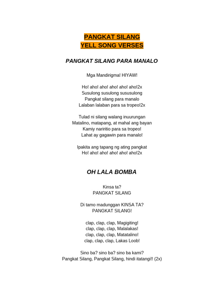Yell Song Verses Pangkat Silang 2 | PDF