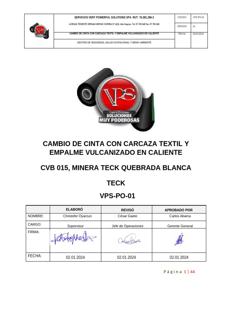 VPS-PO-01 Cambio de Cinta CBV 015 Con Carcaza Textil y Empalme Vulcanizado en Caliente | PDF ...