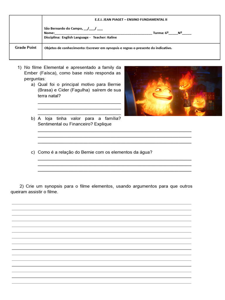 Atividade - Filme Elementos - 6° Ano | PDF
