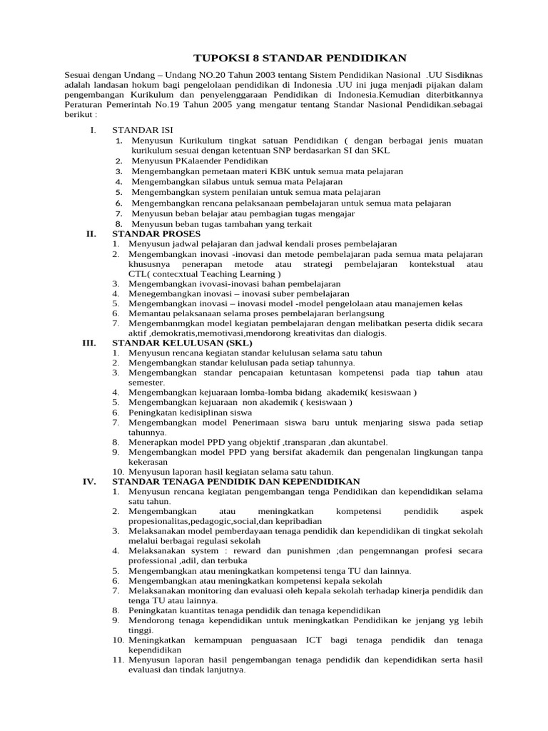 Tupoksi 8 Standar Pendidikan | PDF