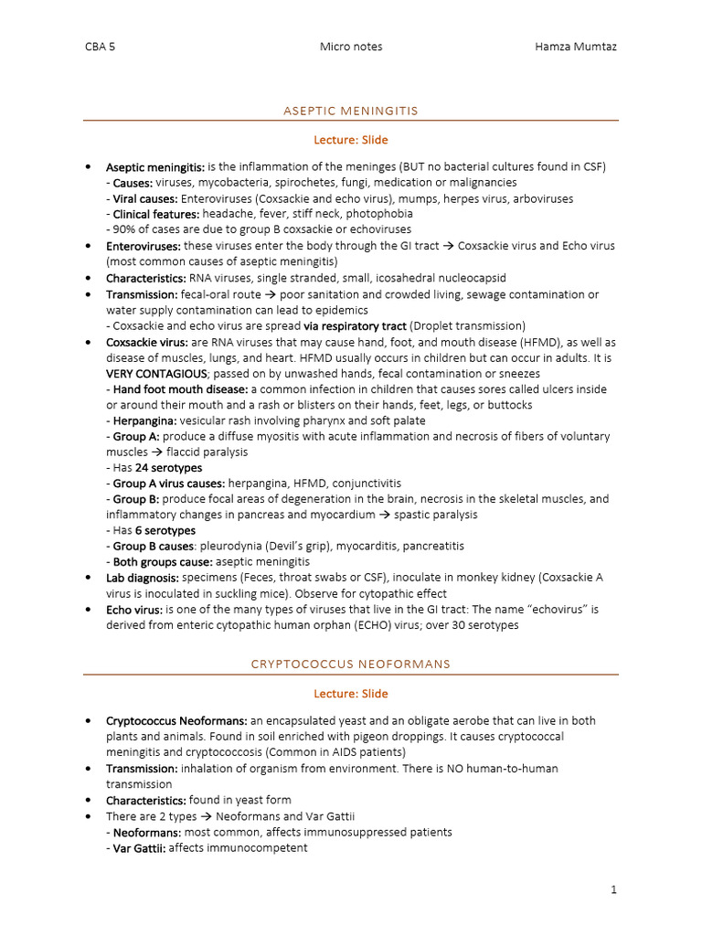CBA 5 Micro Notes | PDF | Rabies | Meningitis