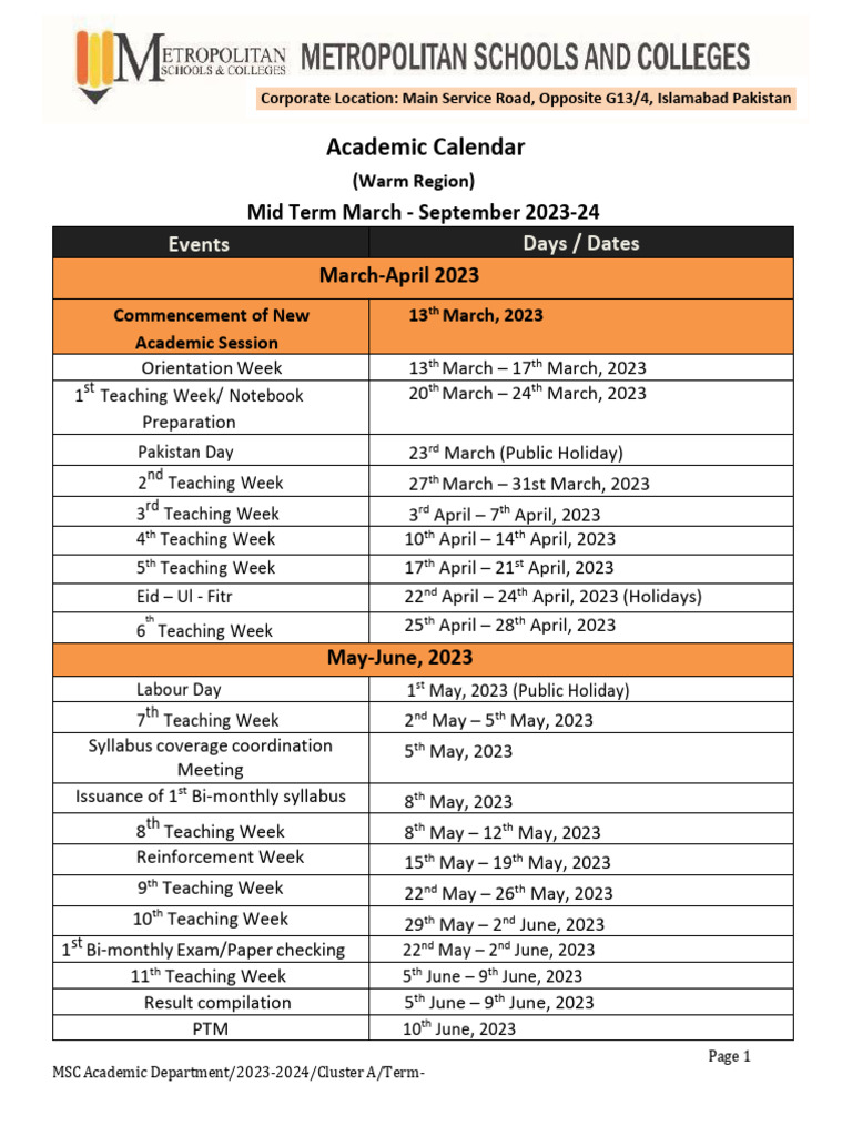 MSC 2023-24 Academic Calendar - Term 1 & II (Warm Region) | PDF