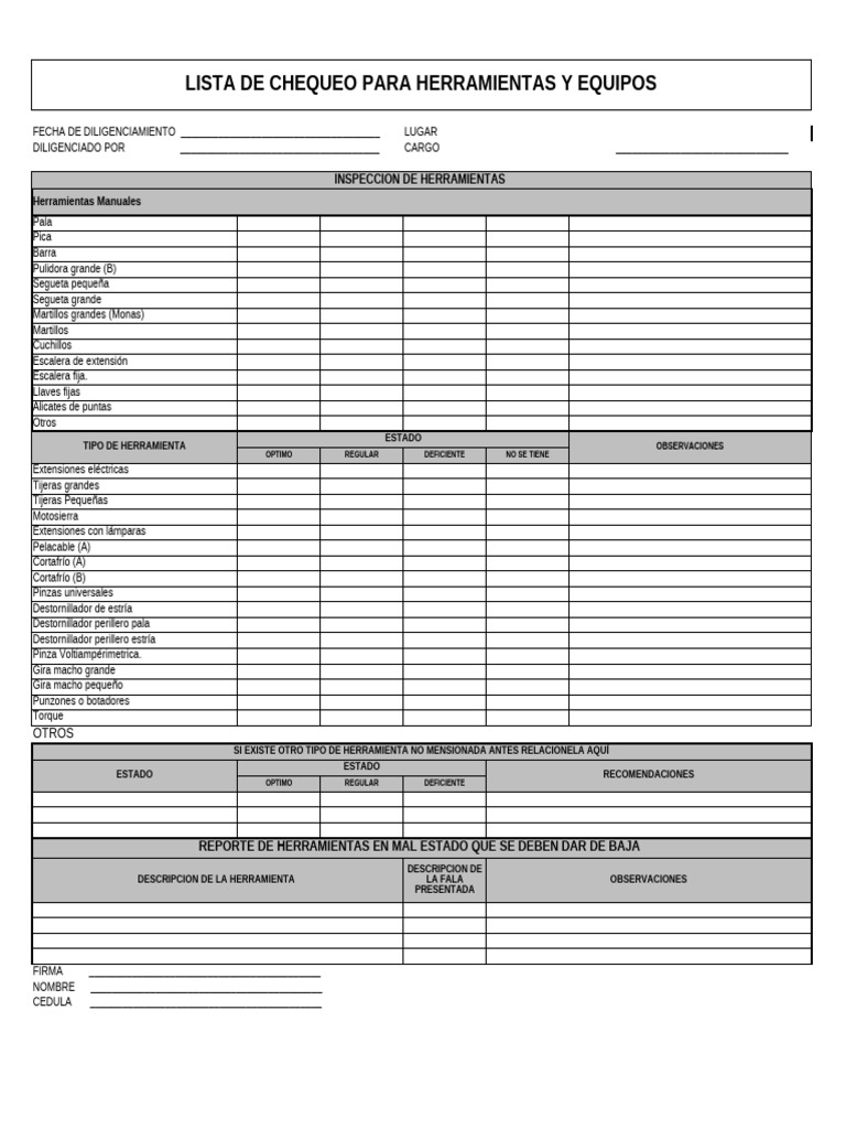 Formato Lista de Chequeo para Herramientas y Equipos | PDF