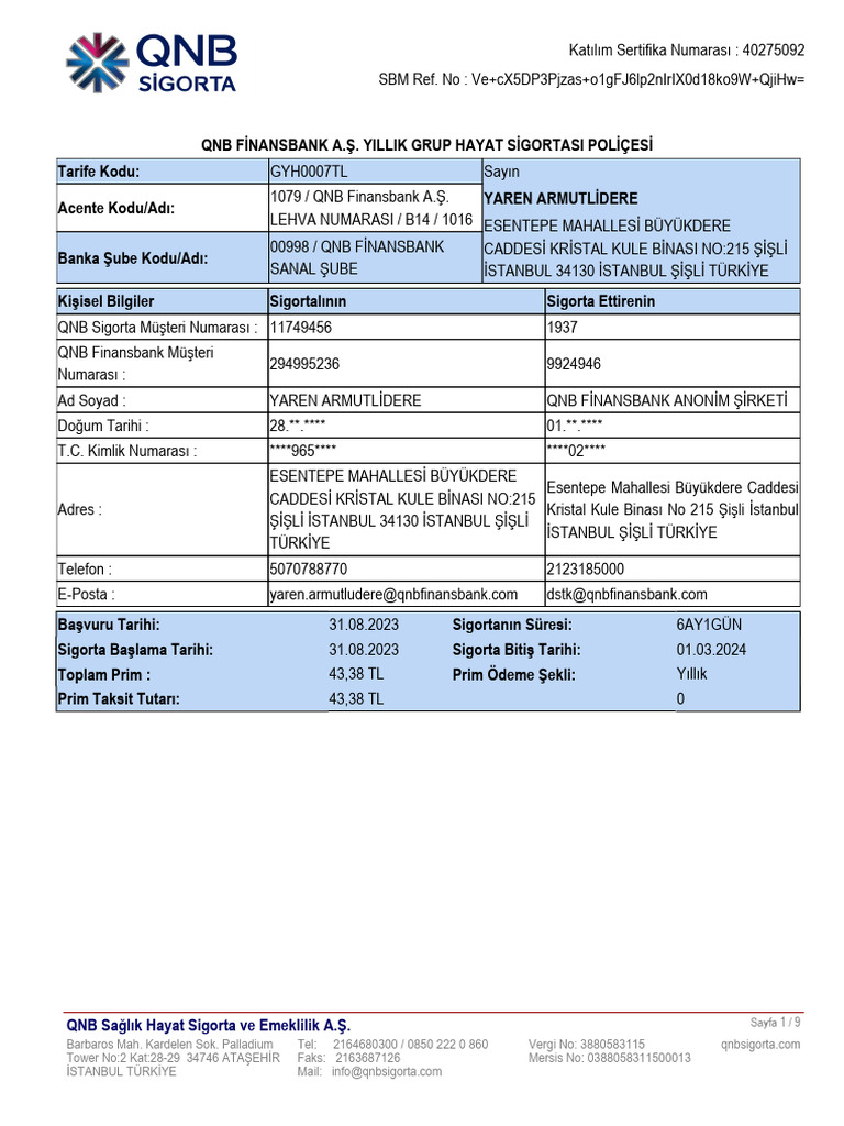 QNB Sağlık Hayat Sigorta Ve Emeklilik A.Ş | PDF