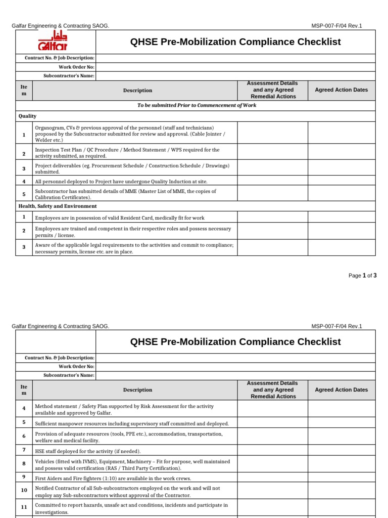 3. Annexure 03 _ QHSE Pre-Mobilization Checklist | PDF