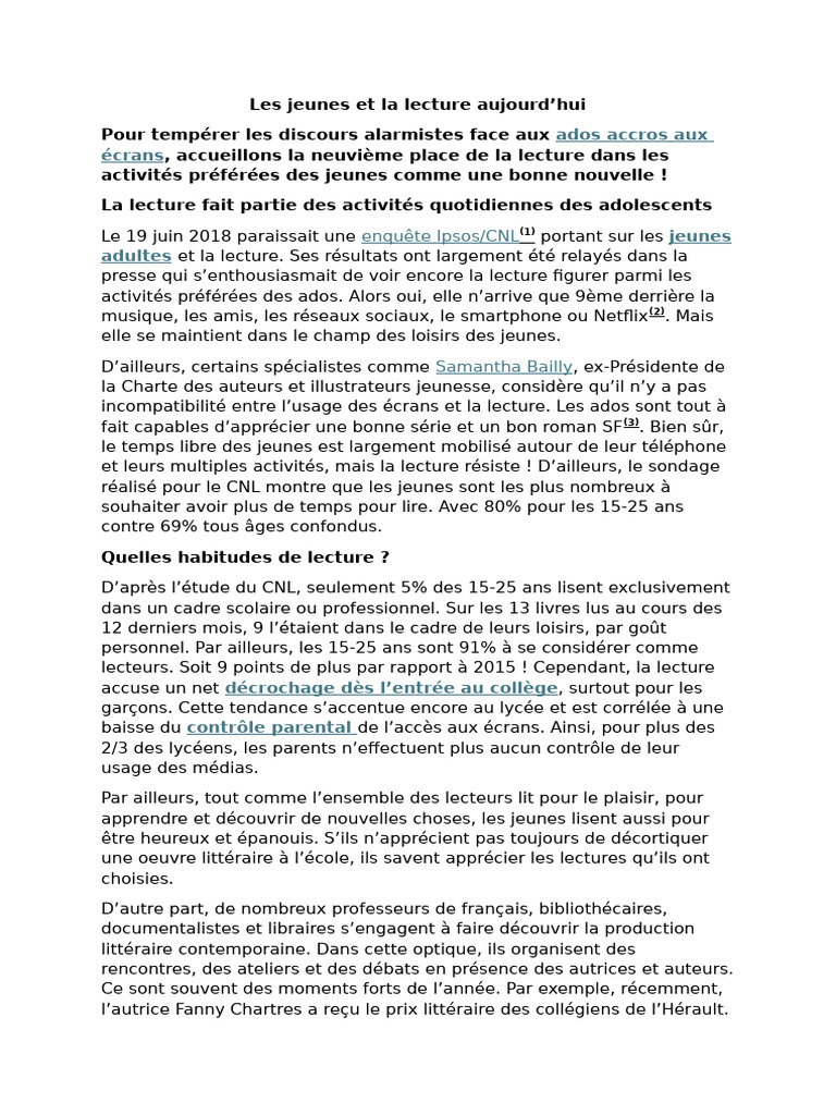 Les Jeunes Et La Lecture Aujourd | PDF