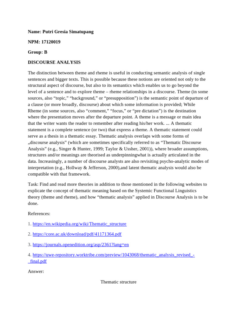 Assignment Tenth Discourse Analysis Putri Gresia Simatupang 17120019 | PDF