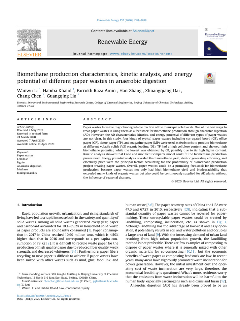 Biomethane Production Characteristics, Kinetic Analysis, and Energy Potential of Different Paper ...
