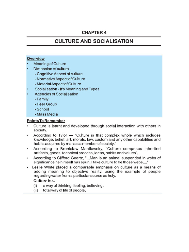 Culture and Socialisation - Notes | PDF