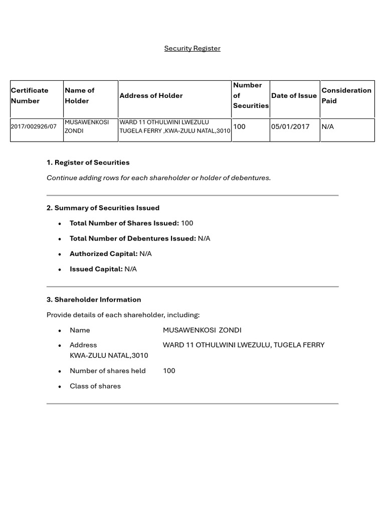 Security Register Zondi | PDF