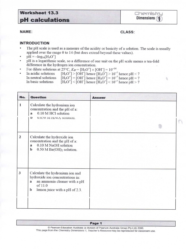 Simple PH Calculation Worksheet | PDF