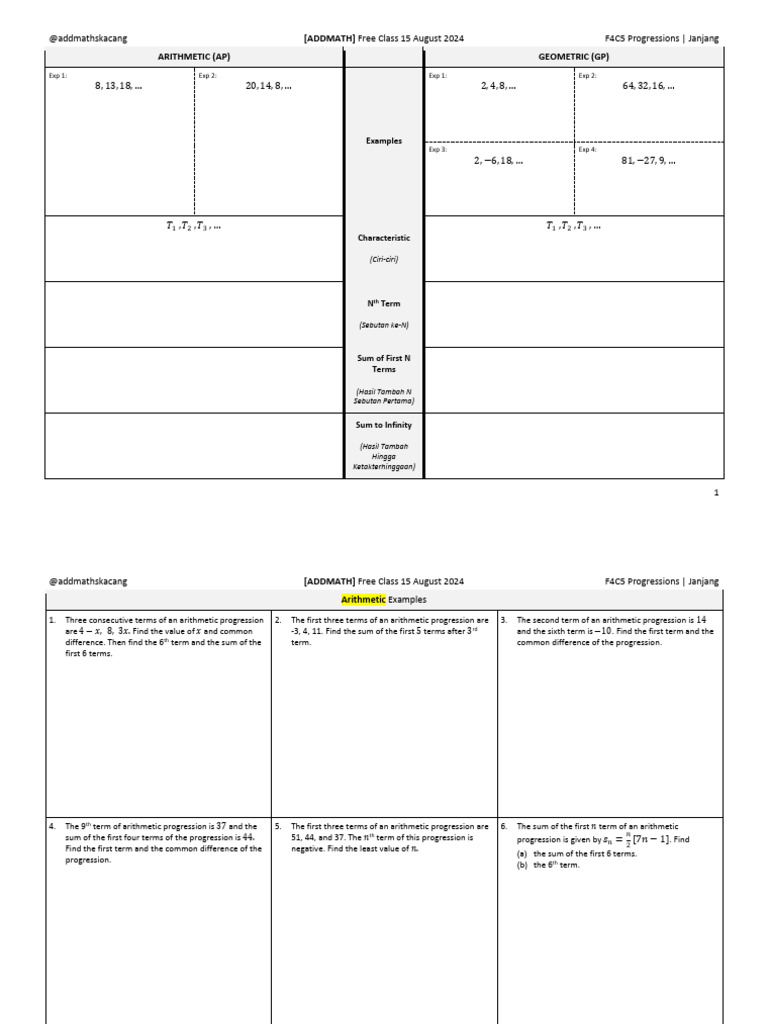 Addmath F4C5 Janjang Progressions Free Class August 15 | PDF