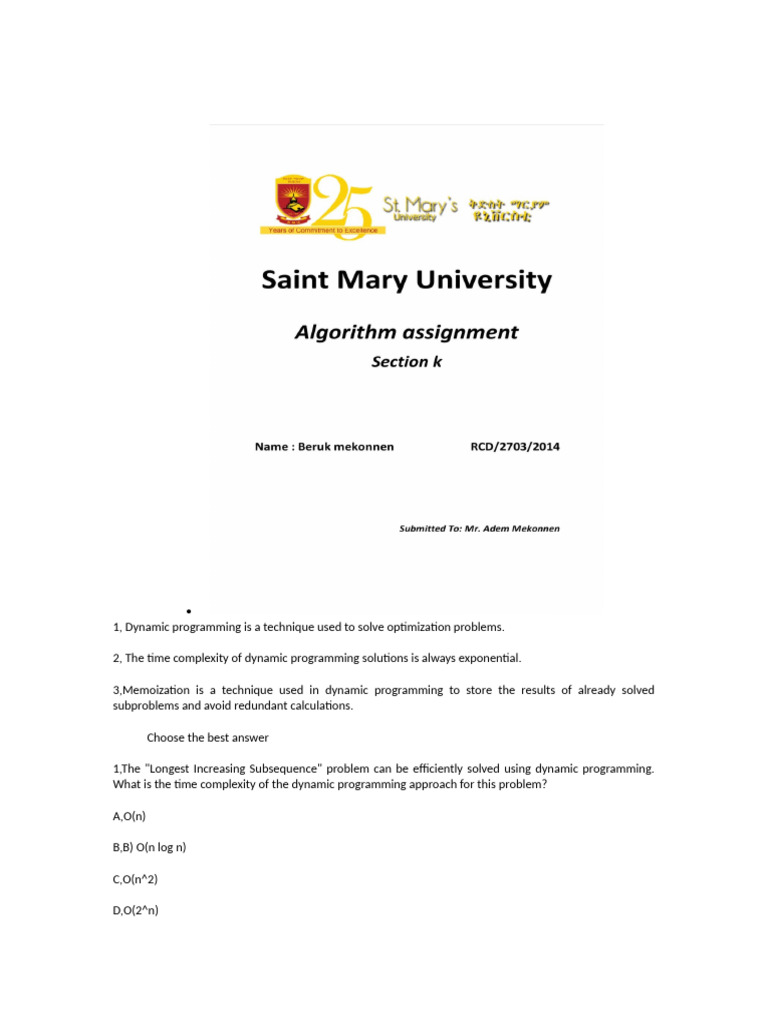 Beruk Mekonnen Algorithm Assignment | PDF