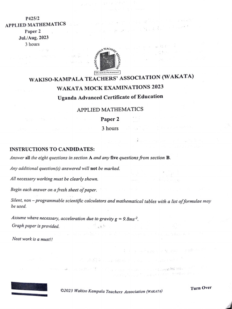 Wakata Mocks Examinations Uace 4252 Applied Mathematics Past Paper 2024 | PDF