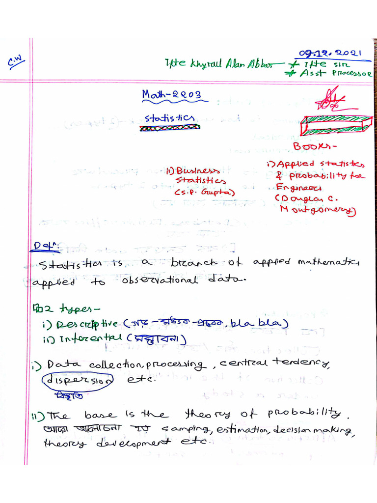 Math-2203 (Statistics) - Class Note (Hrik) | PDF