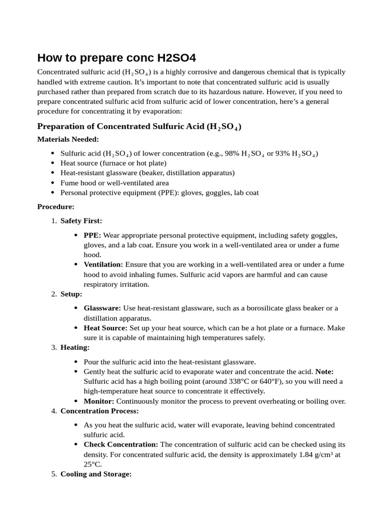 How To Prepare Conc H2SO4 | PDF
