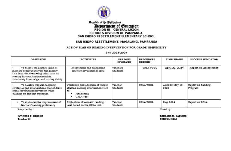 Action Plan Reading Program Crla | PDF