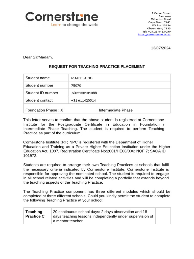 ADDENDUM 2 TP School Placement Request Letter Maike Laing | PDF