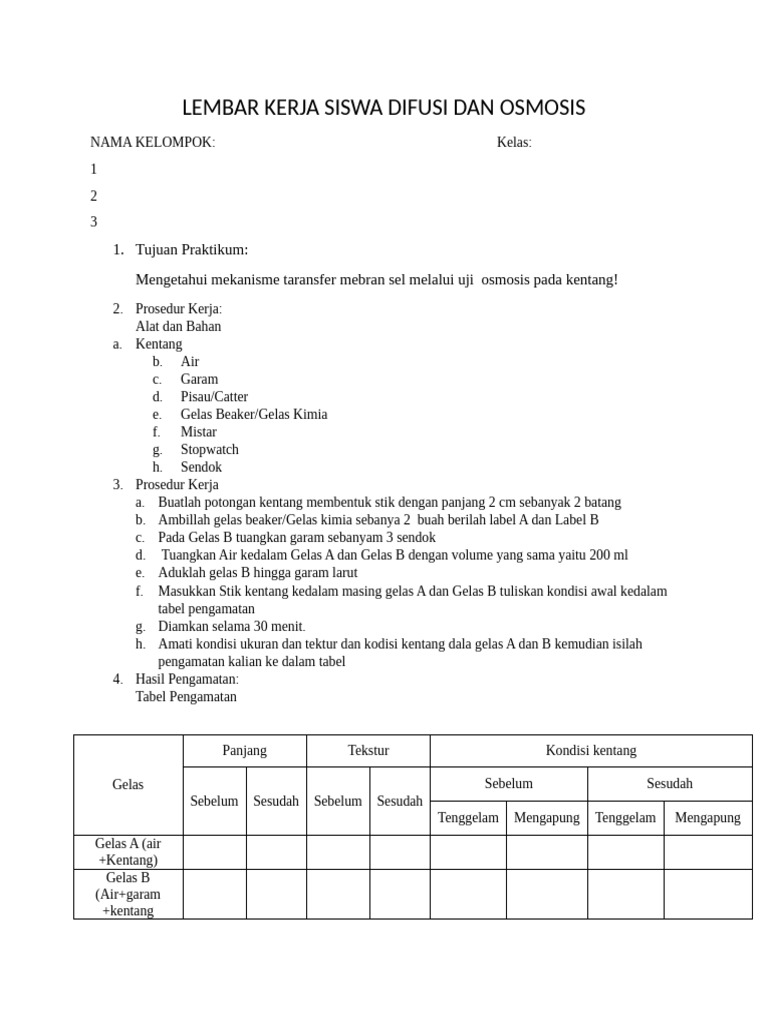Lembar Kerja Siswa Difusi Dan Osmosis | PDF