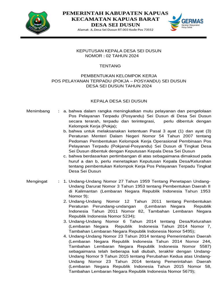 Contoh SK Pokja Posyandu Desa | PDF