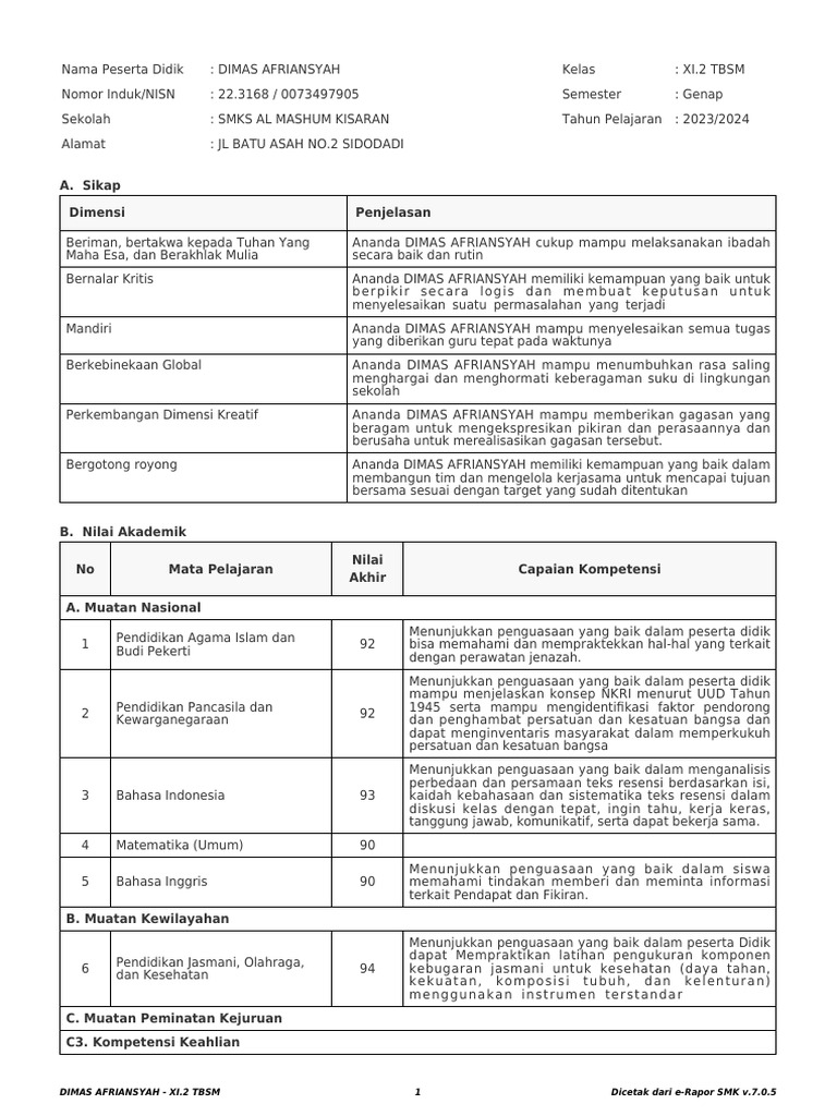 Rapor Dimas Afriansyah - Xi.2 TBSM | PDF