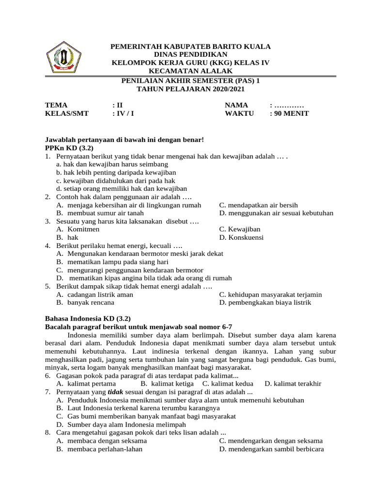 Soal Pas KLS 4 SMT 1 Tema 2 20202021 | PDF