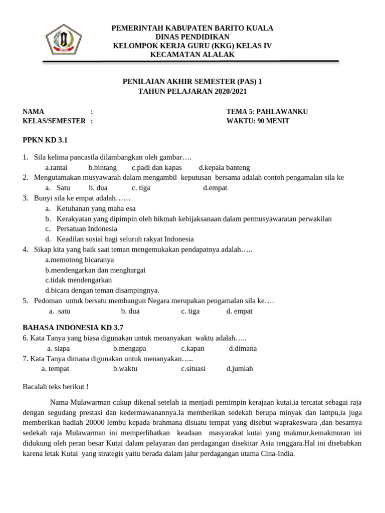 Soal Pas KLS 4 SMT 1 Tema 5 20202021 | PDF