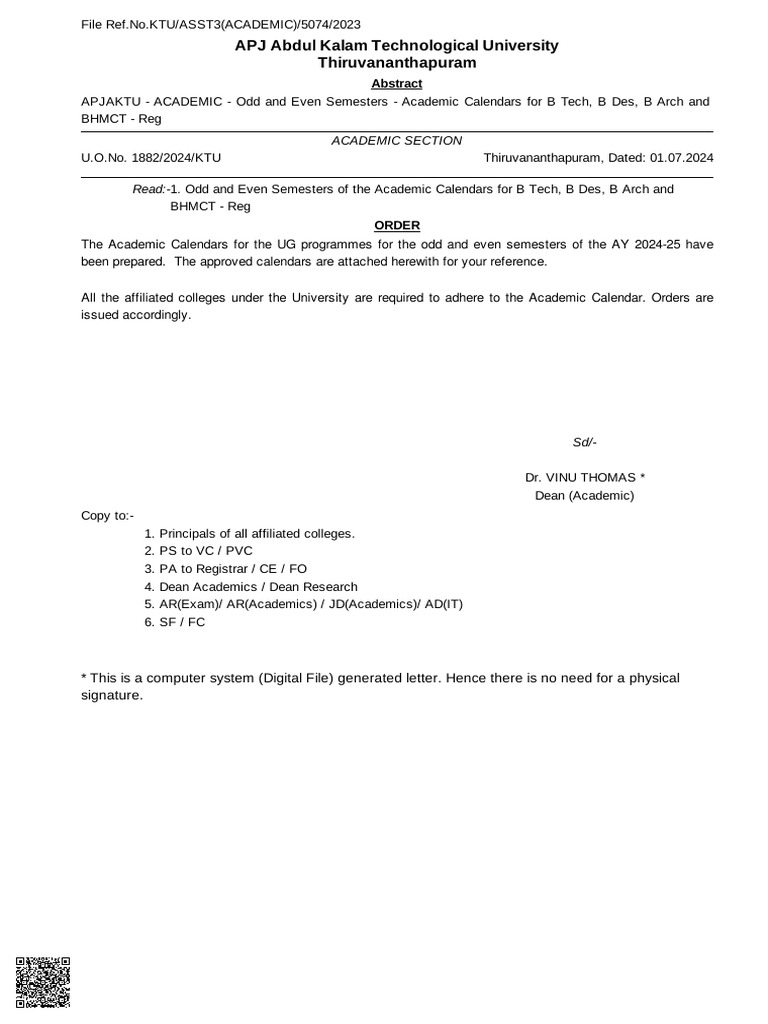 KTU Academic Calendar UG July 2024 To Dec 2024 | PDF | Kerala ...