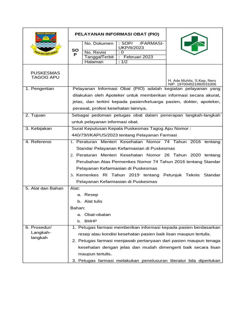 SOP Pelayanan Informasi Obat (PIO) | PDF