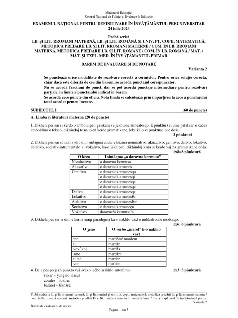 Def 091 Limba Rromani Materna I 2024 Bar 02 | PDF