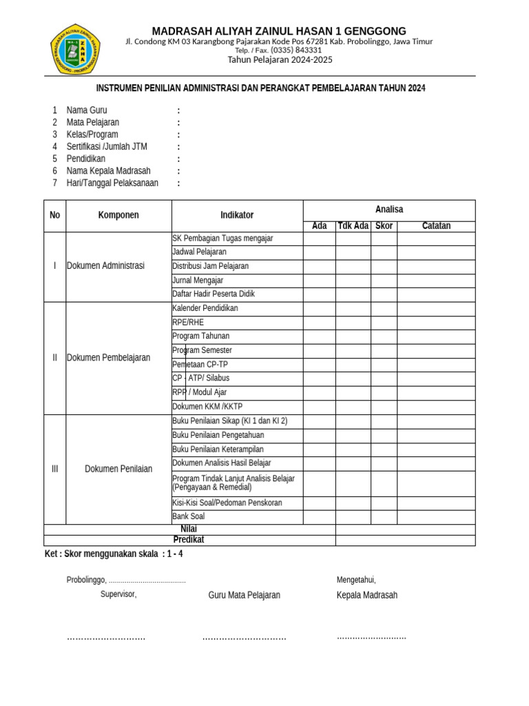 Instrumen Supervisi Administrasi Dan Perangkat Pembelajaran 2024 | PDF